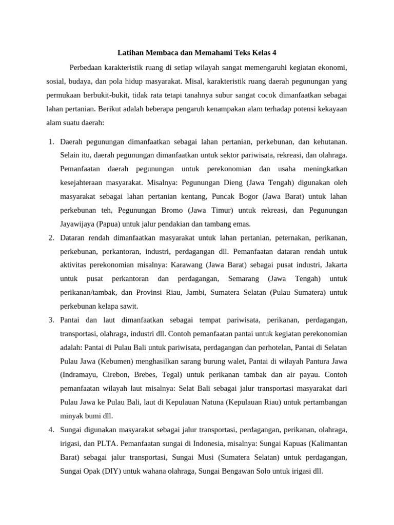 Latihan Membaca Dan Memahami Teks Kelas 4 | PDF