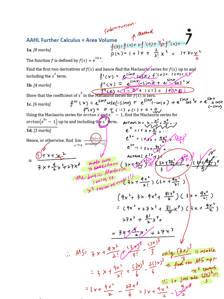 AAHL Further Calculus + Area Volume 2 | PDF | Equations | Derivative