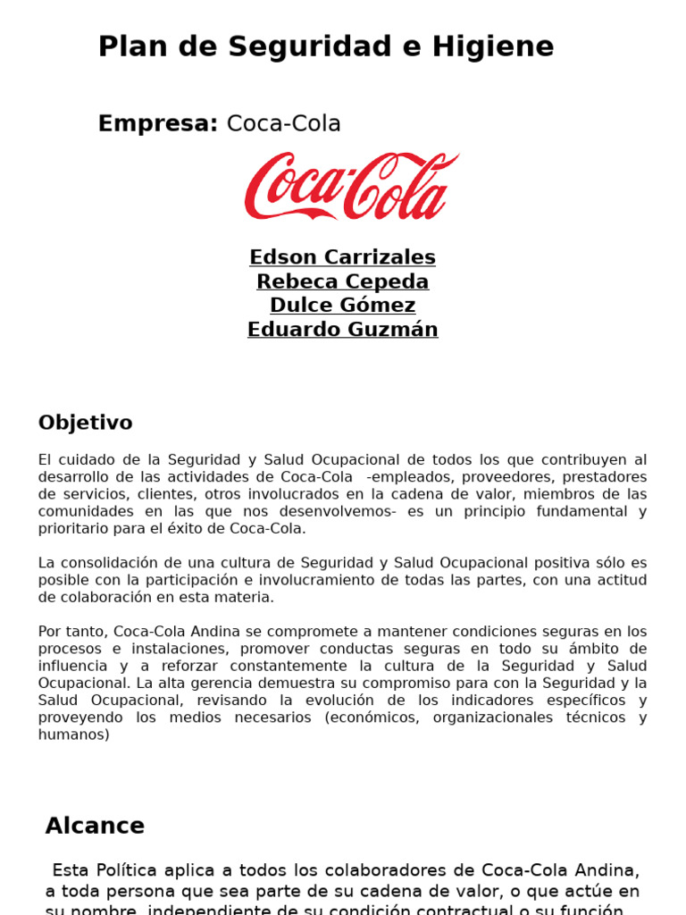 Plan de Seguridad e Higiene Coca-Cola | PDF | Seguridad y salud ...