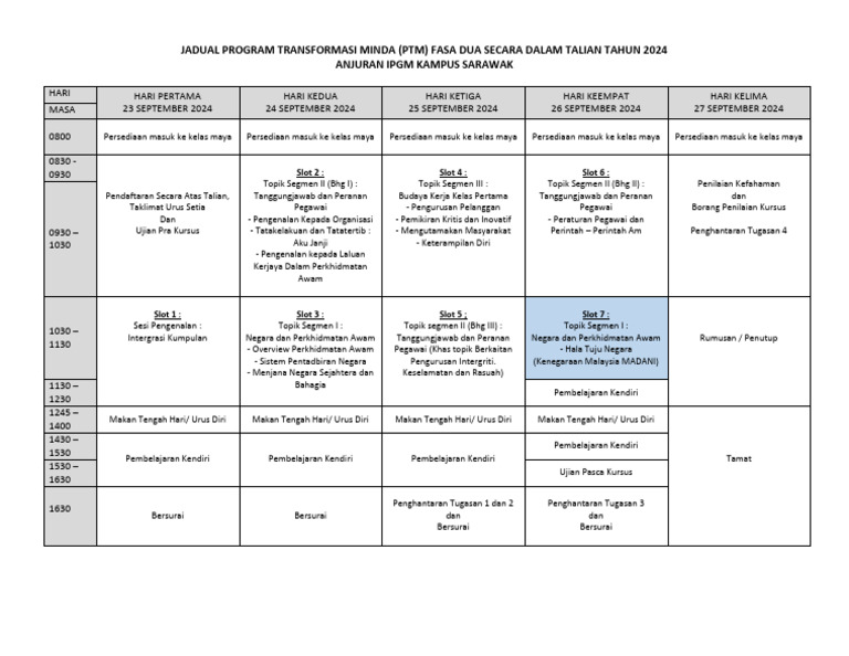 Jadual Pelaksanaan Program Transformasi Minda Fasa Dua Secara Dalam Talian | PDF