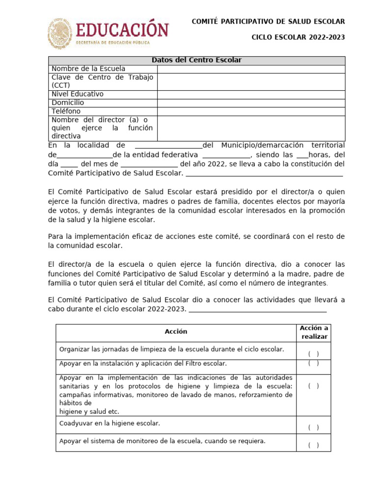 Acta Del Comite Participativo de Salud Escolar 2022 2023 | PDF