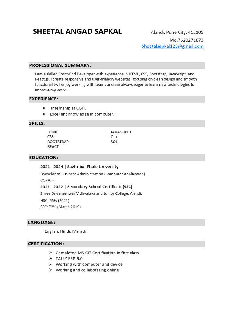 Sheetal Sapkal Resume 1 | PDF