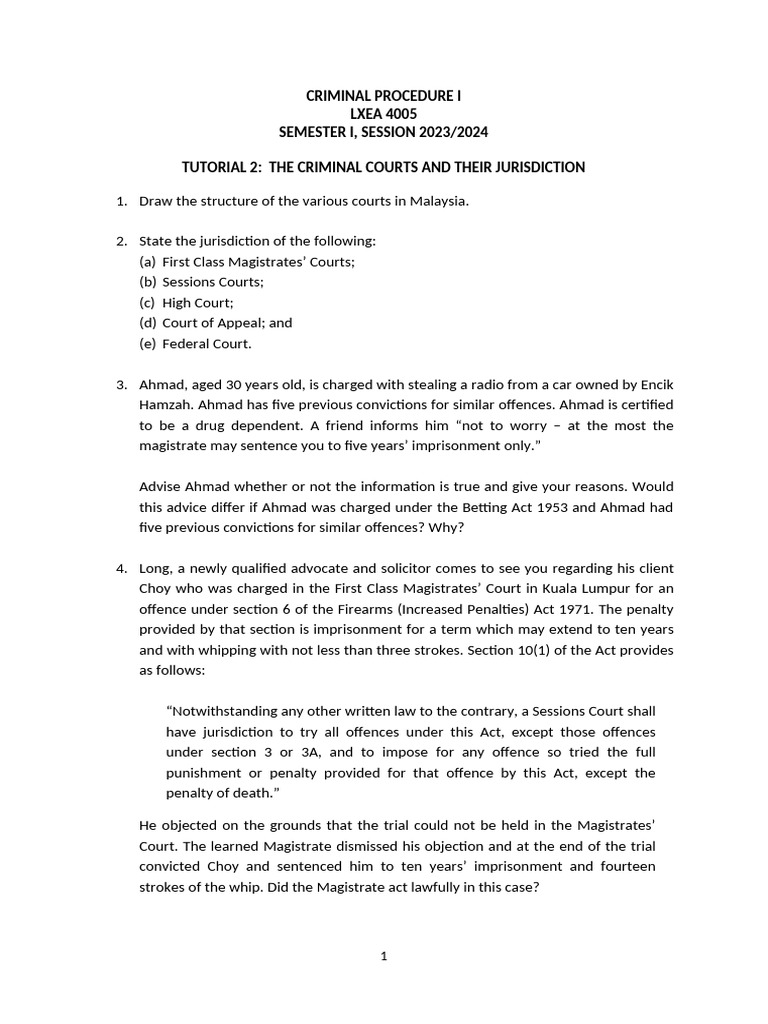 Tutorial Sheet 2 - Jurisdiction of Criminal Courts | PDF | Magistrate | Sentence (Law)