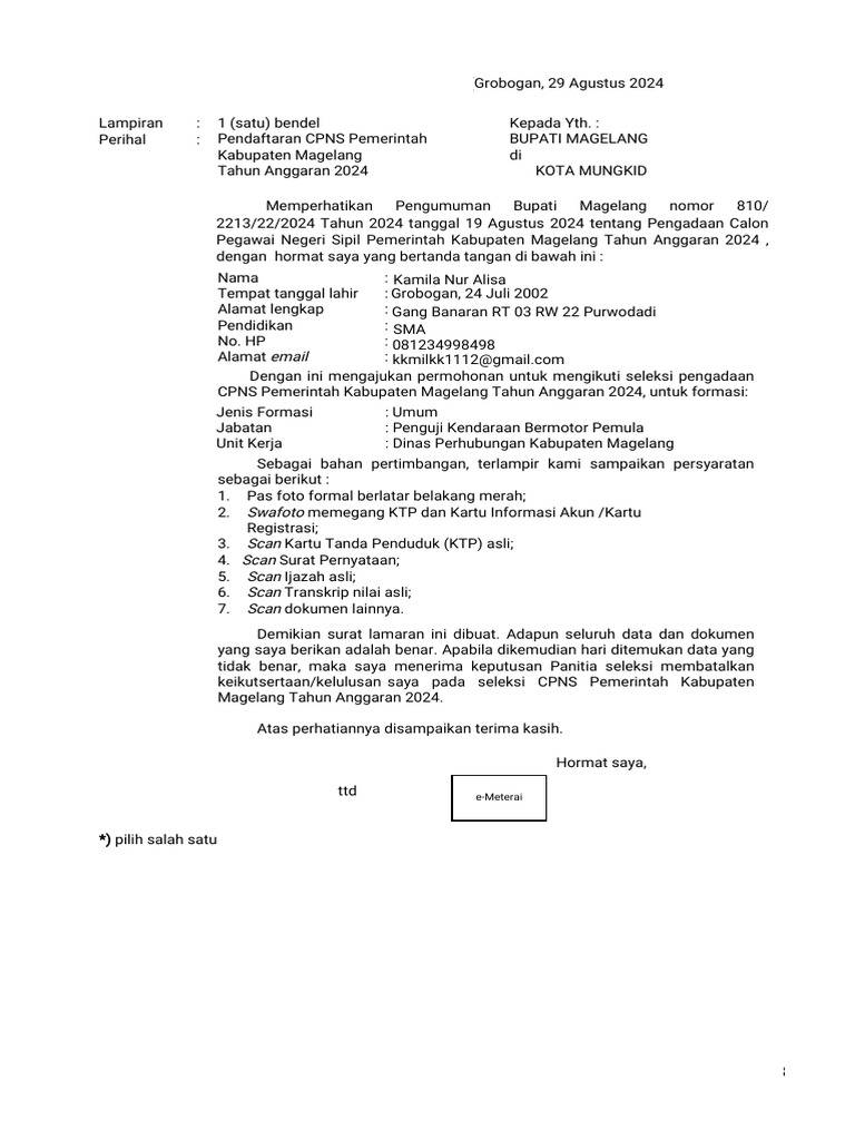 Surat Lamaran Kamila | PDF