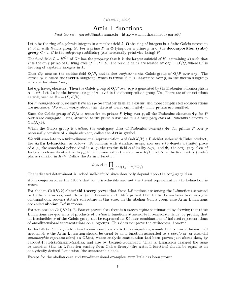 Artin L-Functions (2005) (En) (1s) (Garrett P.) | PDF | Representation Theory | Mathematical ...