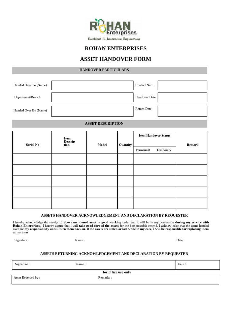 Rohan Enterprises Asset Handover Form | PDF