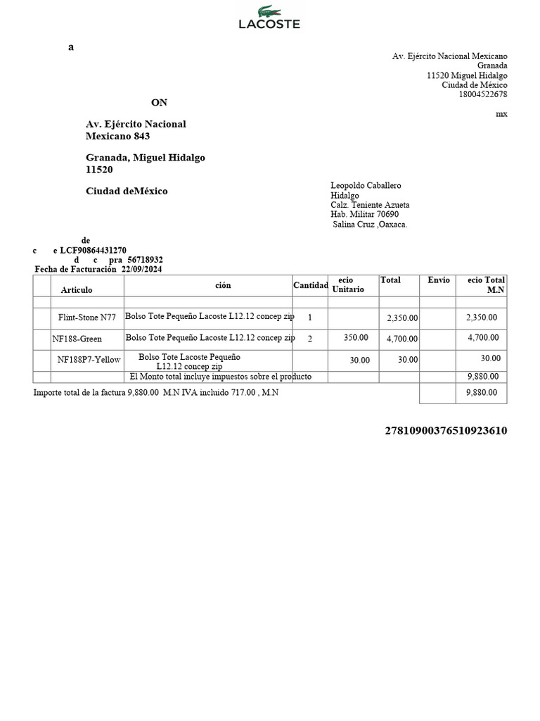 Invoice Lacoste | PDF