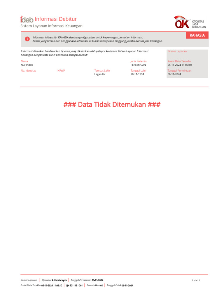 Informasi Debitur Rahasia OJK | PDF