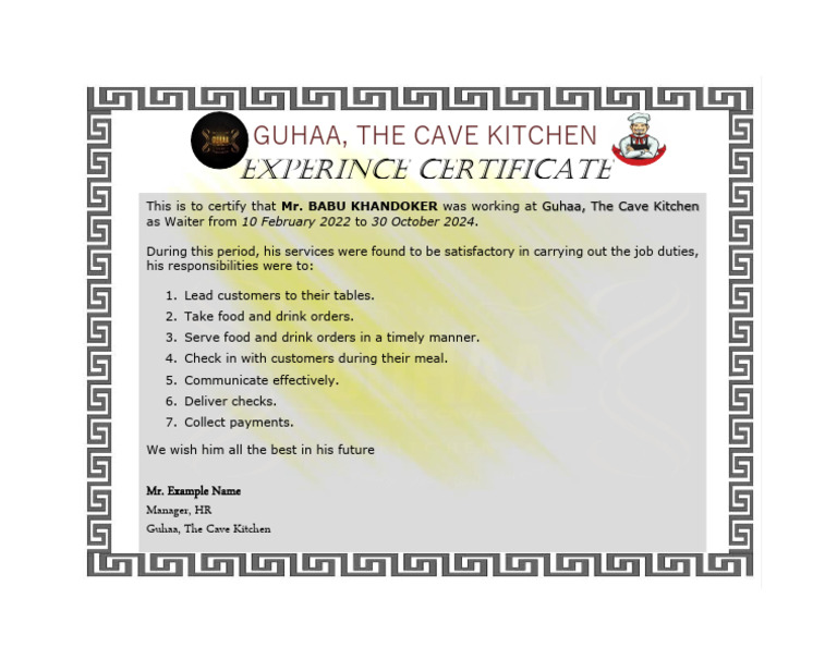 Cook-Experience-Certificate Babu | PDF