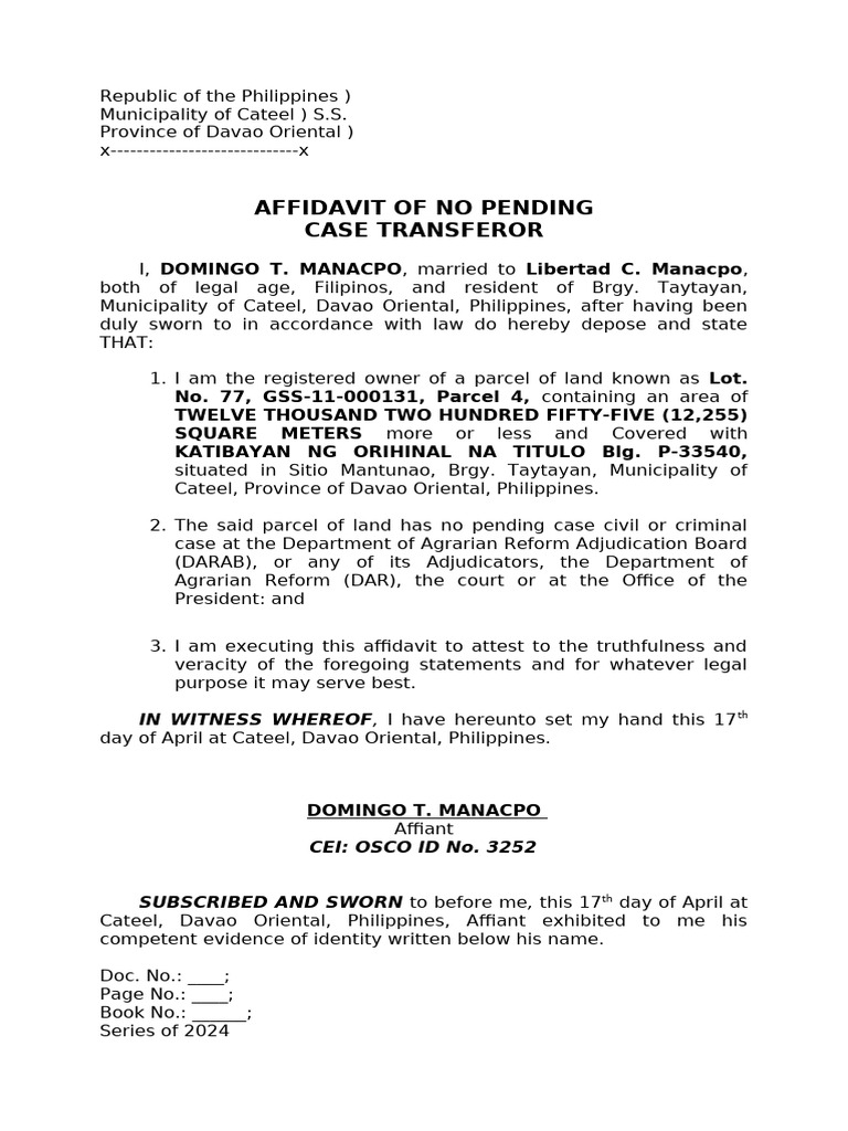 Affidavit of No Pending Case Transferor Lot 77 | PDF