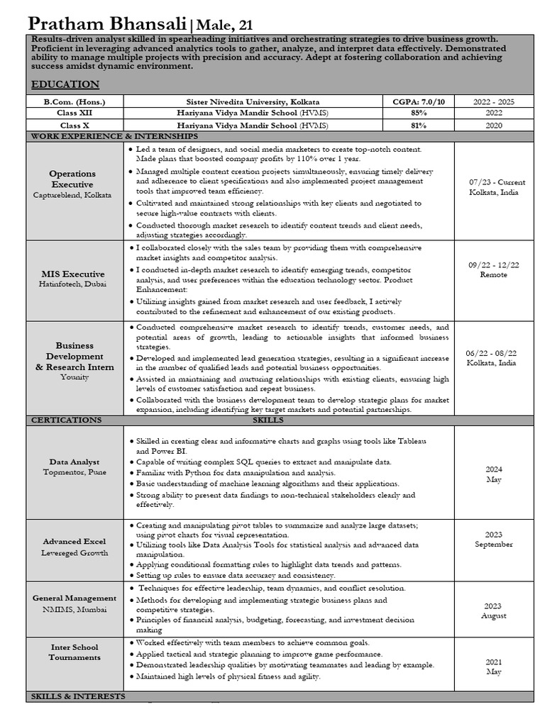Pratham Resume2 | PDF | Data Analysis | Marketing Research