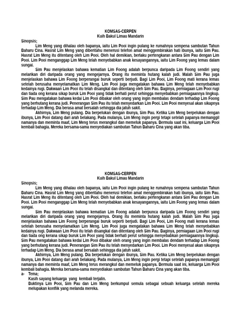 BM - Komsas (Cerpen Kuih Bakul Limau Mandarin - Nota) | PDF