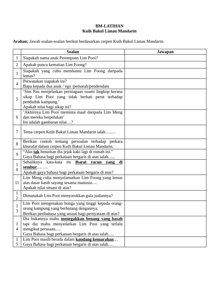 BM - Komsas (Cerpen Kuih Bakul Limau Mandarin - Latihan) | PDF