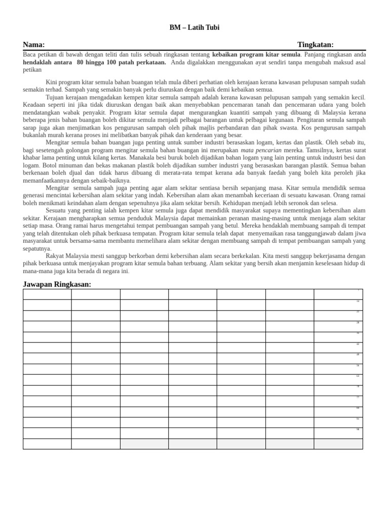 BM - Latih Tubi (Ringkasan - Pola Ayat - Kesalahan Ayat - Kata Banyak Makna) | PDF