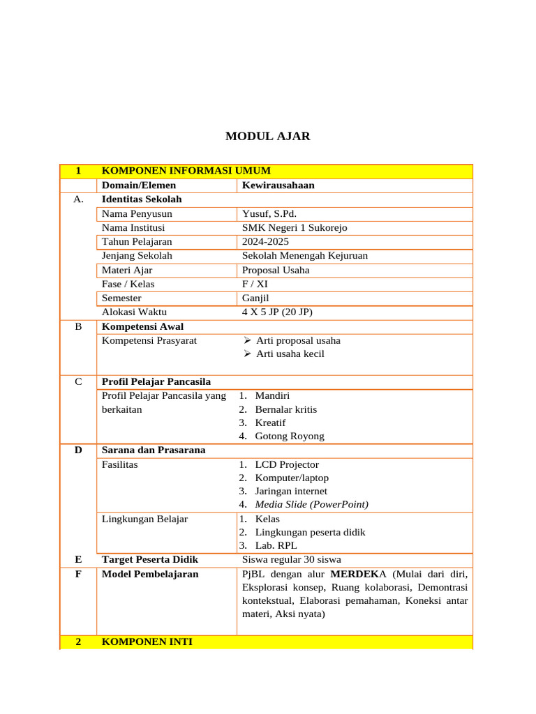 Modul Ajar Proposal Usaha Kelas XI - Fase F-1 | PDF