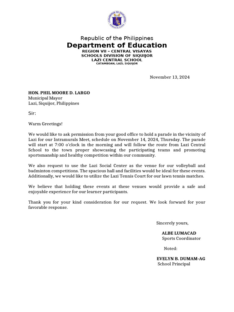 Request for Intramurals Parade Permission | PDF