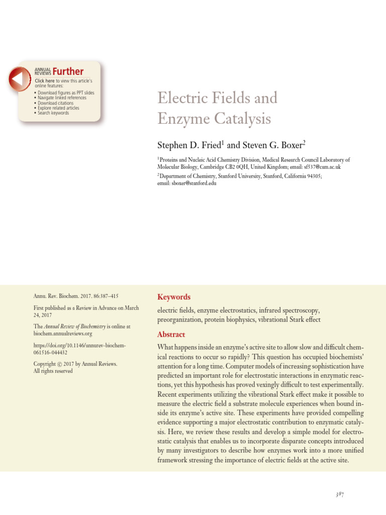 Electric Fields and Enzyme Catalysis | PDF | Chemical Reactions | Enzyme