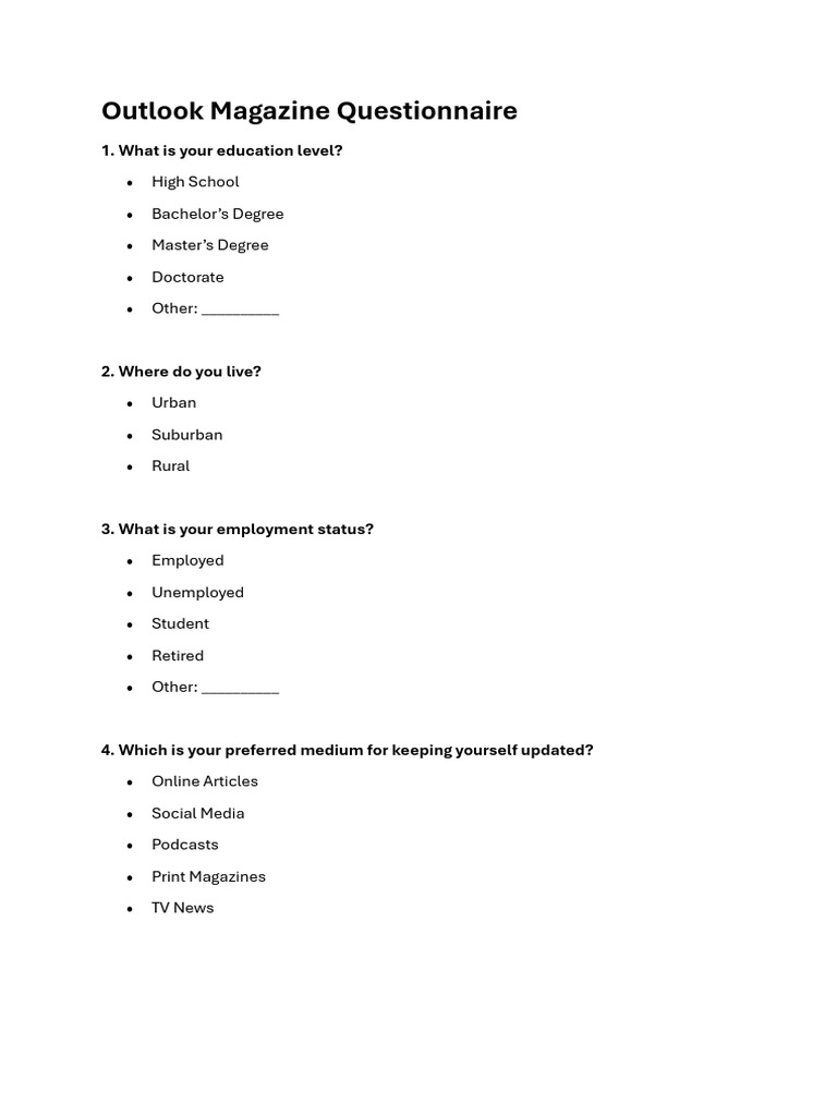 Outlook Magazine Questionnaire Final | PDF | Magazines | Marketing