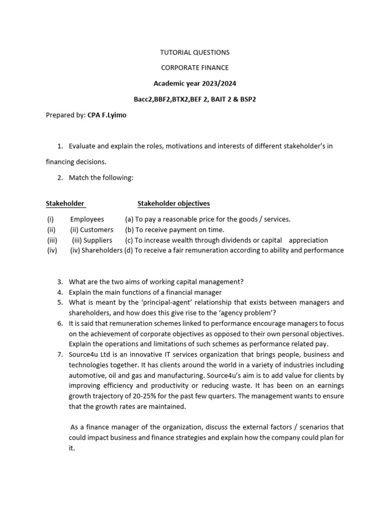 Corporate Finance Tutorial Questions | PDF | Present Value | Interest