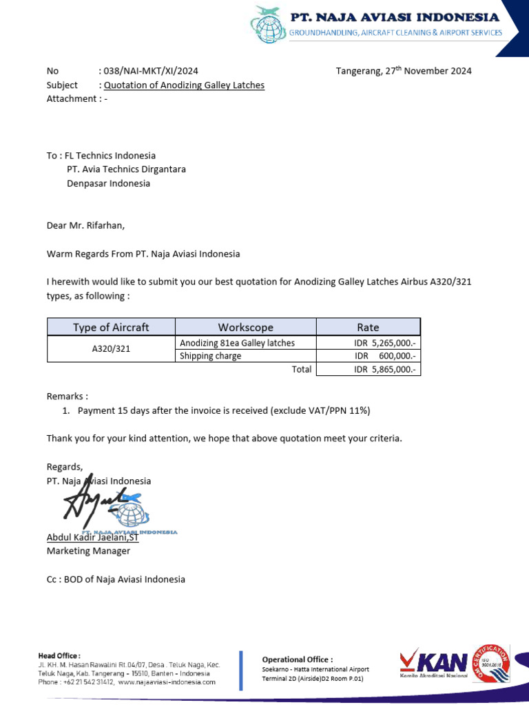 Quotation FL DPS No.038-24 Galley Latches Anodizing | PDF