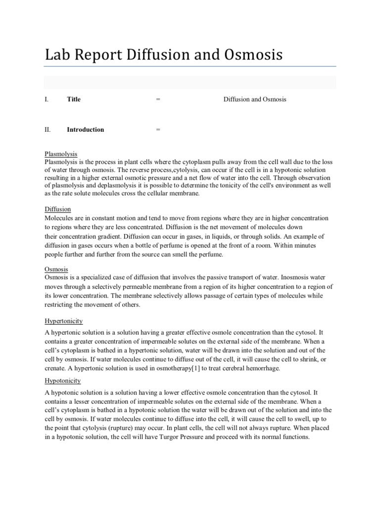 Lab Report Diffusion and Osmosis | PDF