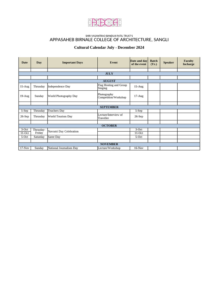 Cultural Calendar - July-December 2024 | PDF