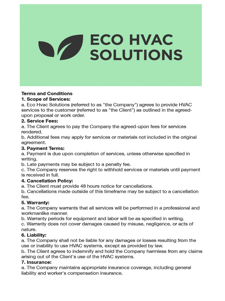 HVAC Services Terms and Conditions | PDF | Liability Insurance | Insurance