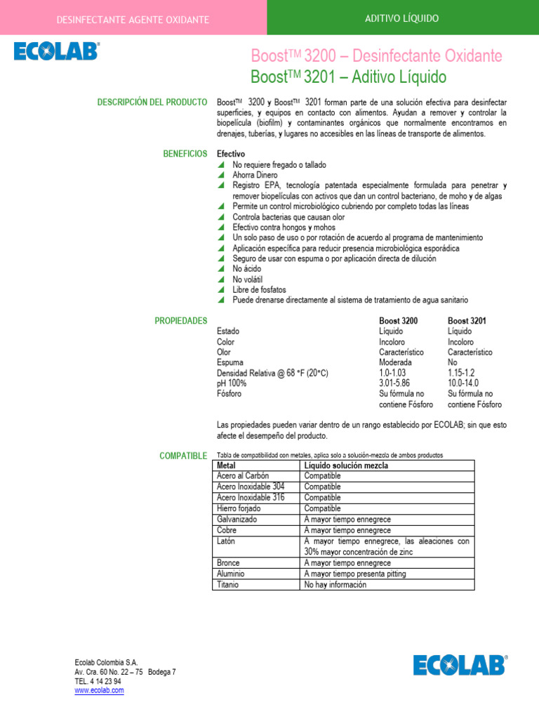 Ecolab Boost 3200 y 3201: Desinfectantes Efectivos | PDF | Agua | Alimentos
