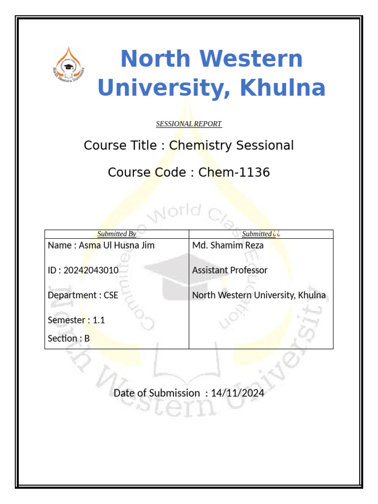 Chemmistry Lab Report Final Cover Page by Hamlet Mondal | PDF