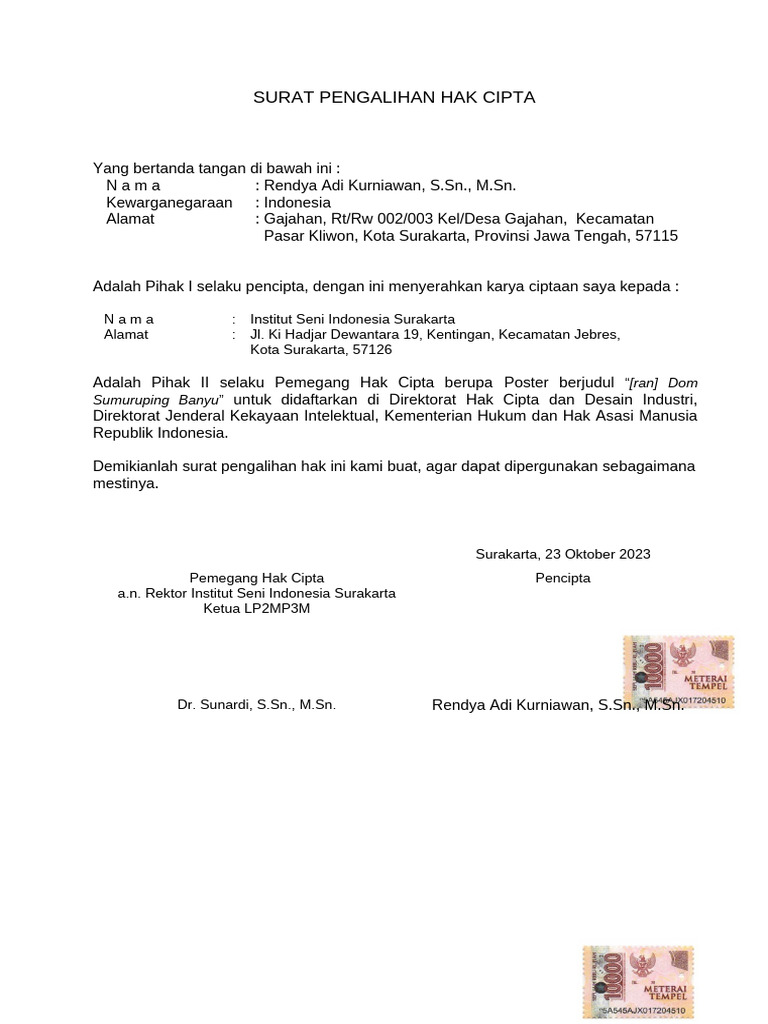 Surat Pengalihan Hak Cipta Poster | PDF