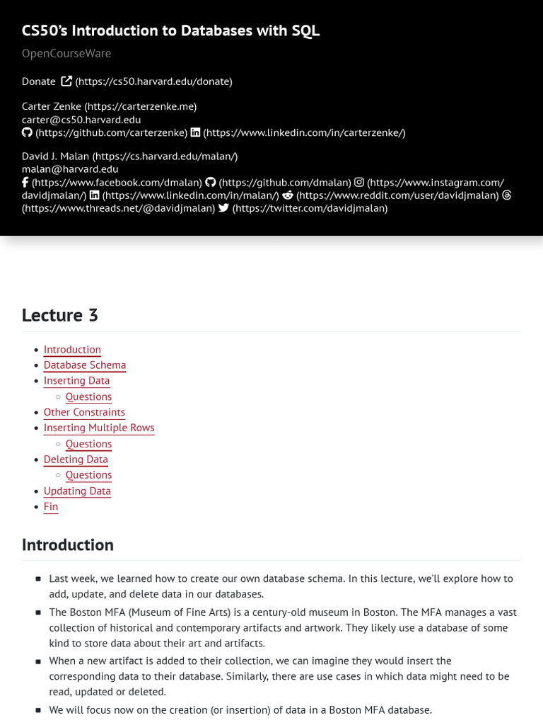 Lecture 3 - CS50's Introduction To Databases With SQL | PDF | Table ... Lecture 3 - CS50's Introduction To Databases With SQL | PDF | Table ...