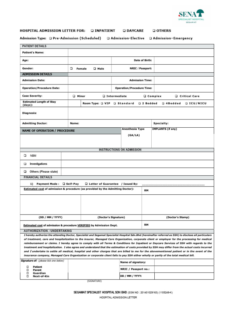 Hospital Admission Form | PDF | Hospital | Patient
