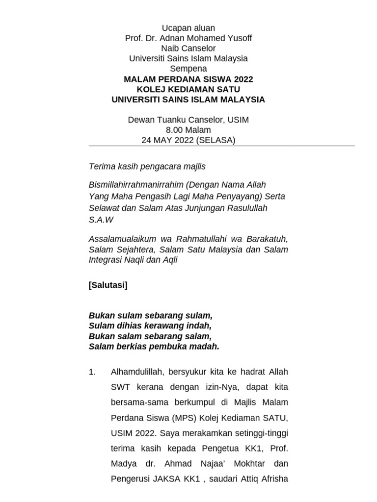 Teks Ucapan Aluan TNC MPS 2022 | PDF