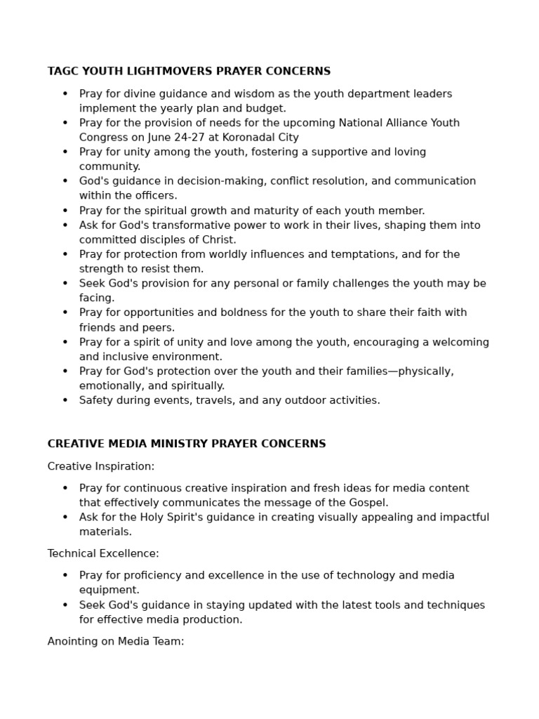 YOUTH & CREATIVE MEDIA PRAYER CONCERNS | PDF | Prayer | God