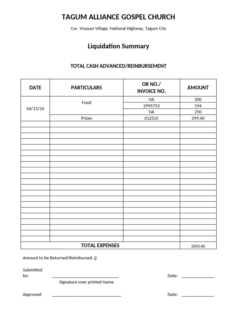 Tagum Alliance Gospel Church Liquidation Form | PDF