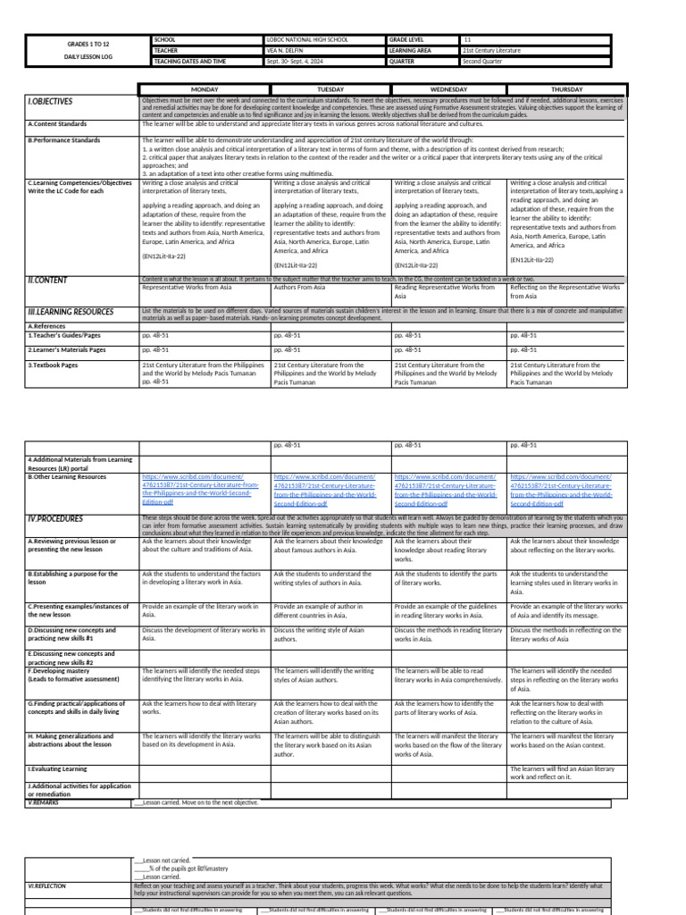 21st Century Literature 2nd Quarter Week 1 DLL | PDF | Learning | Teachers
