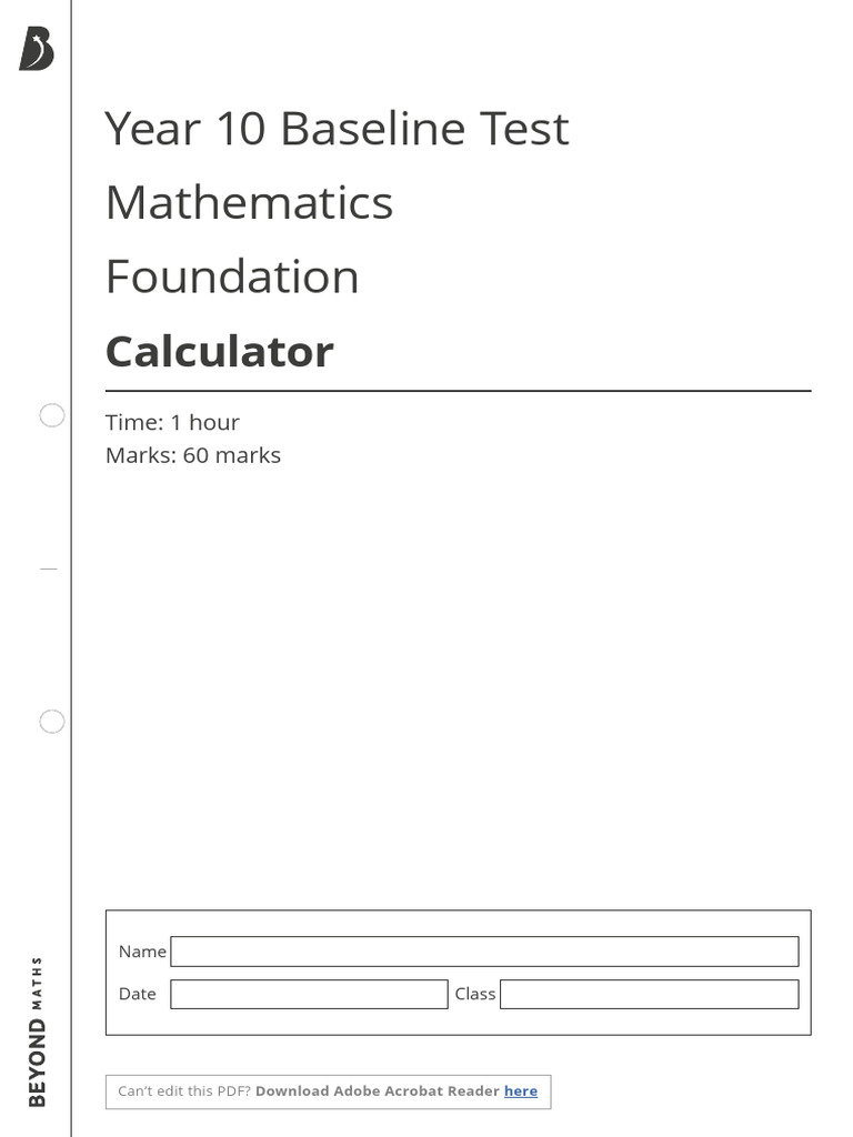 Year 10 Baseline Test Maths Foundation Calculator (Interactive) | PDF ...
