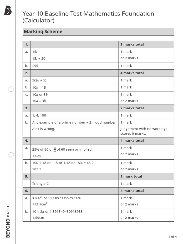 Year 10 Baseline Test Maths Foundation Calculator - Mark Scheme | PDF ...