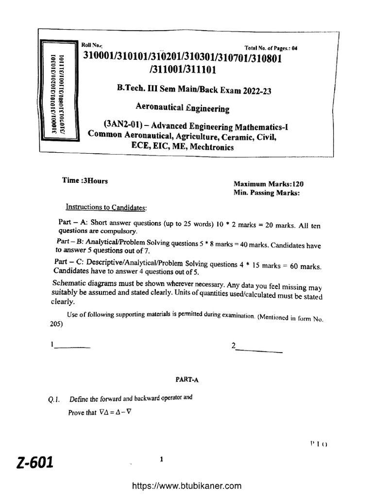 Btech 3 Sem Advanced Engineering Mathematics 1 310001 2023 | PDF