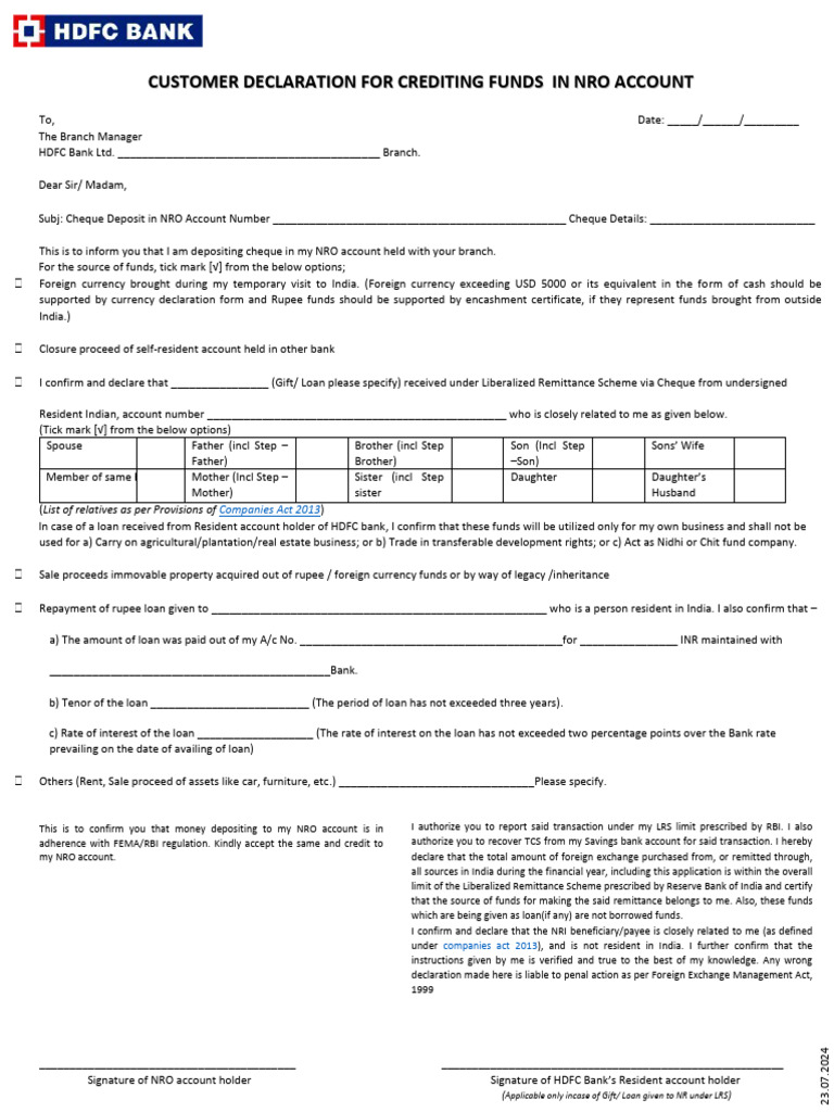NRO Account Cheque Deposit Declaration | PDF | Banks | Reserve Bank Of ...