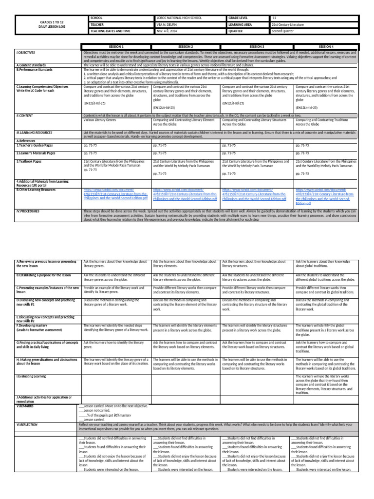 Grade 11 21st Century Lit Lesson Plan | PDF | Learning | Teachers