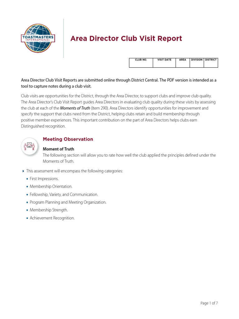 1471 Area Directors Club Visit Report | PDF