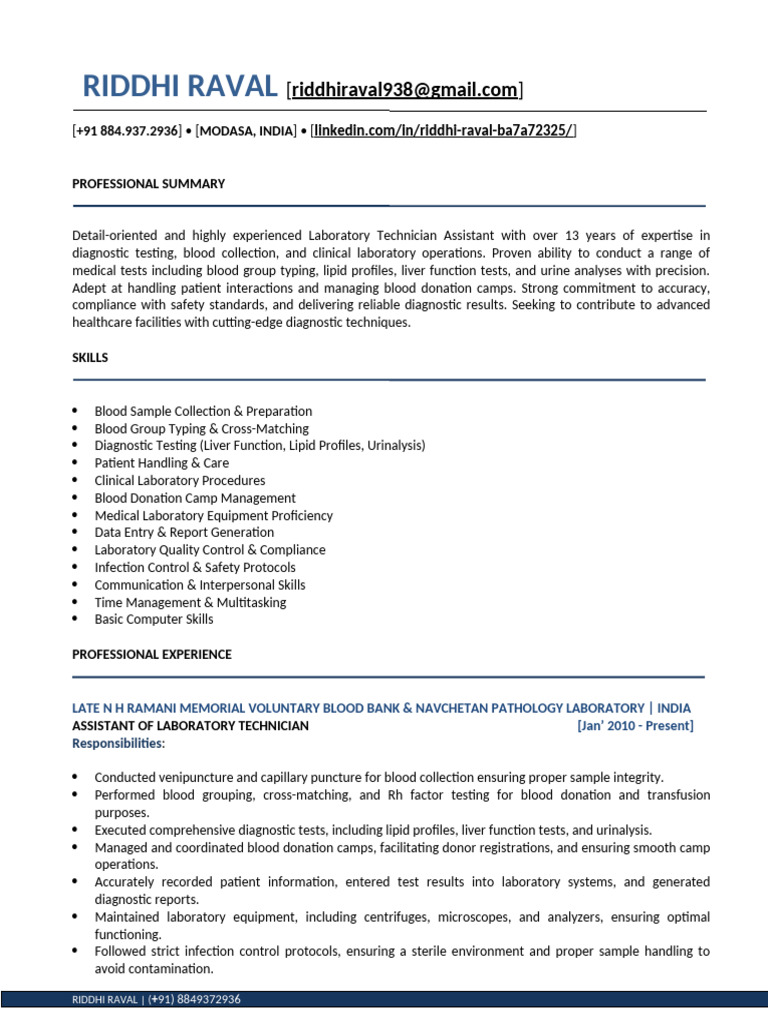 Riddhi Raval: Laboratory Technician Profile | PDF | Medical Laboratory | Laboratories