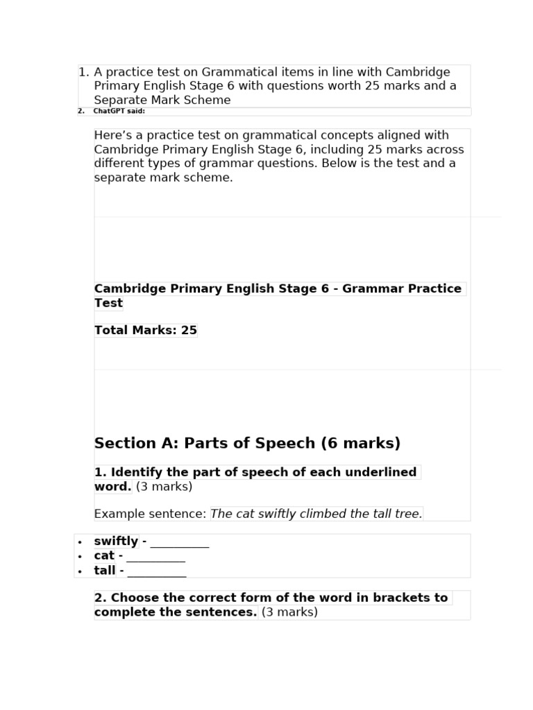 A Practice Test On Grammatical Items in Line With Cambridge Primary ...
