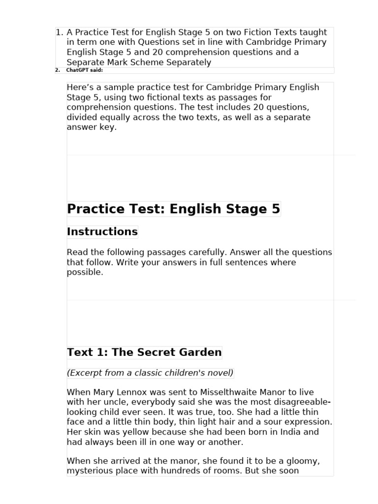 Practice Test: English Stage 5: Instructions | PDF | The Secret Garden
