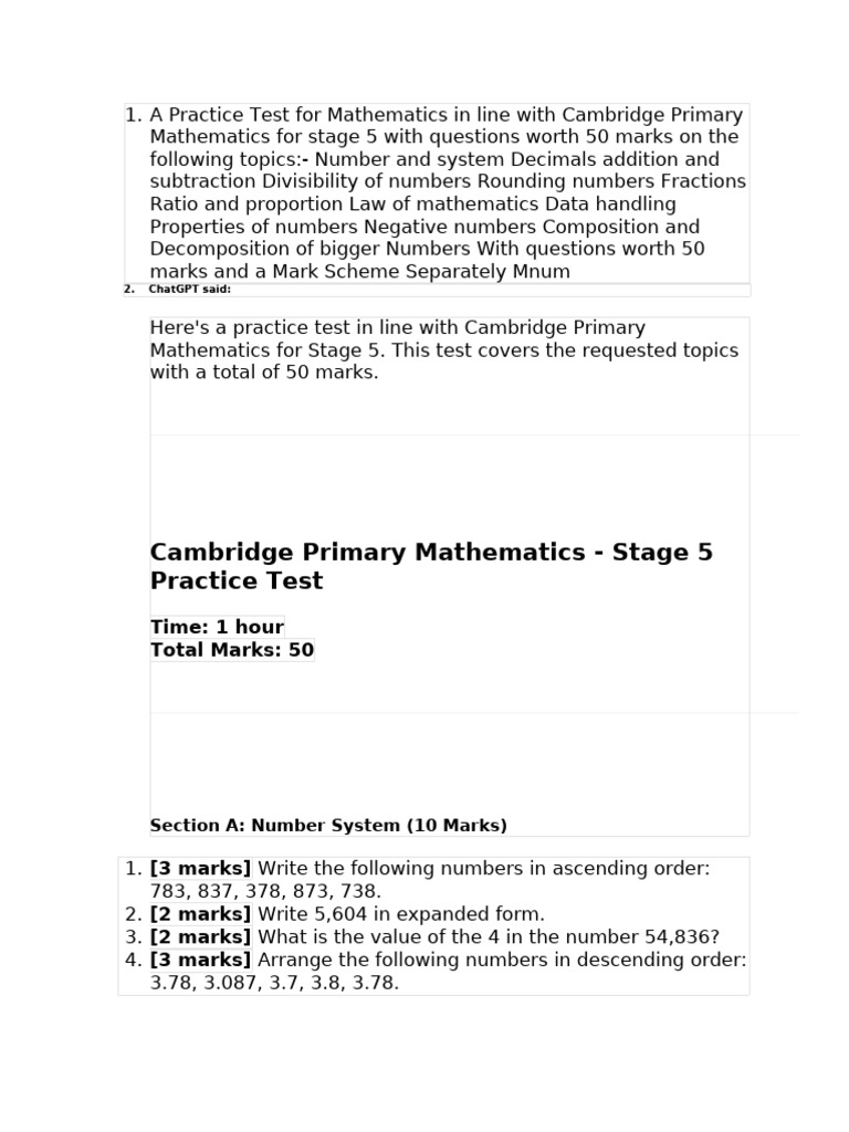 A Practice Test For Mathematics in Line With Cambridge Primary ...