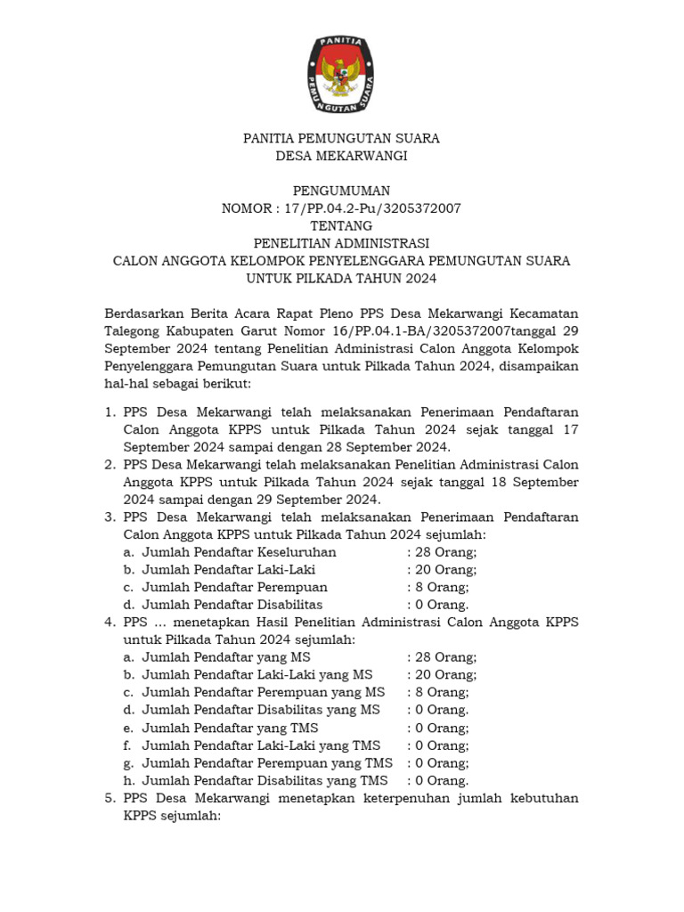 Mekarwangi-Pengumuman PPS Penelitian Administrasi KPPS Pilkada 2024 Rev | PDF