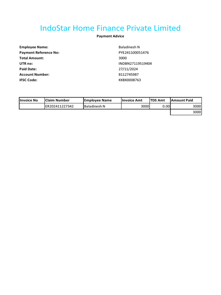 IndoStar Payment Advice for Baladinesh N | PDF
