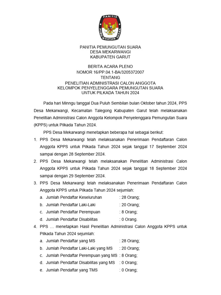 Mekarwangi-Berita Acara PPS Penelitian Administrasi KPPS Pilkada 2024 | PDF