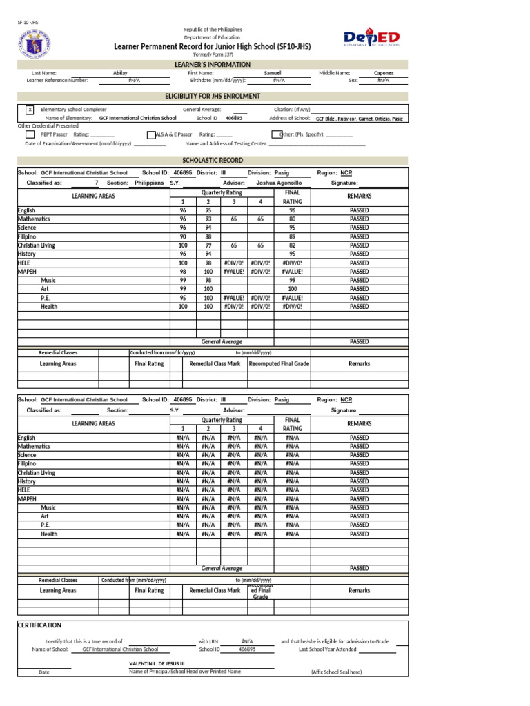 SF10 - JHS (Edited) | PDF | Schools